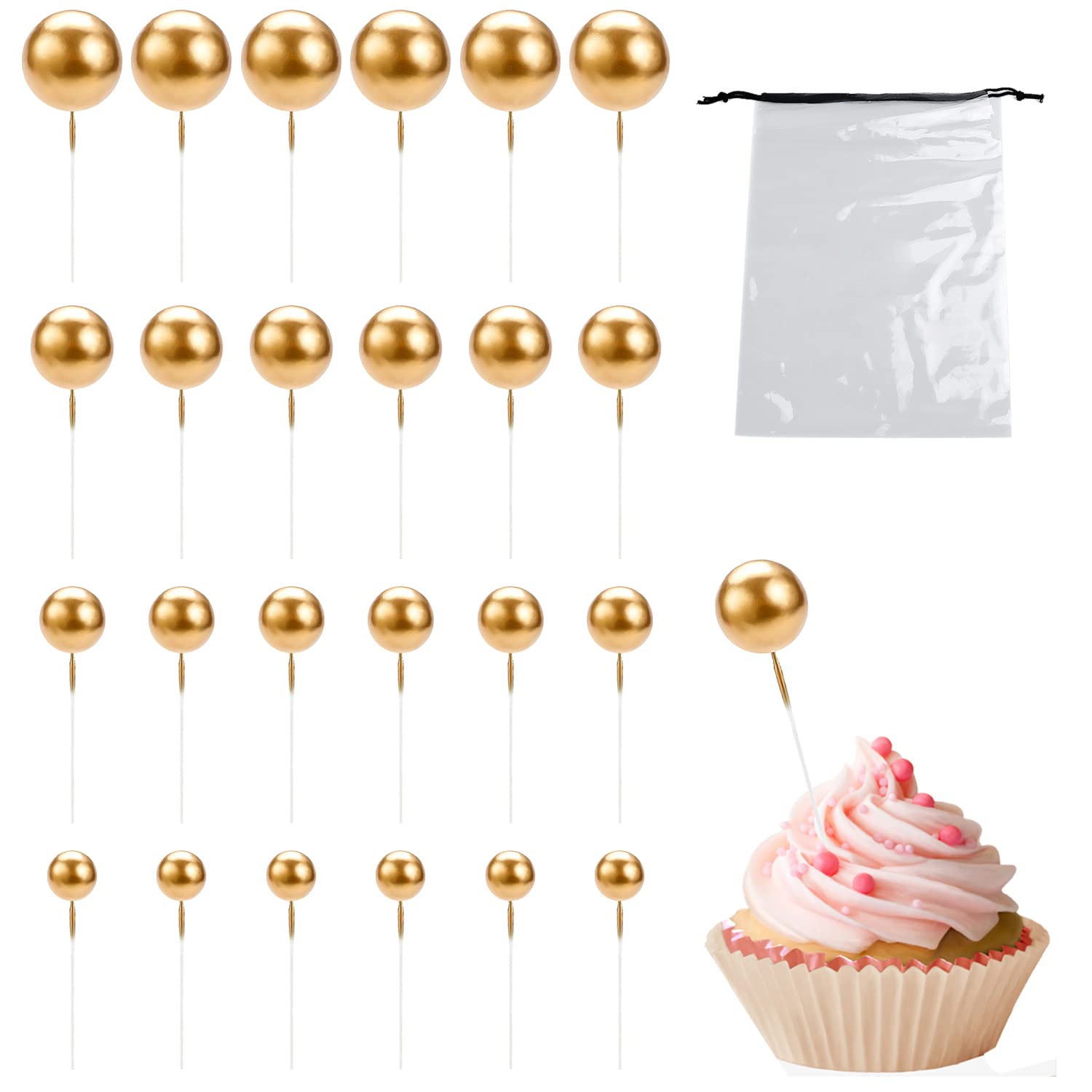 40 Pcs Ball Cake Toppers, 1.5cm/2cm/2.5cm/3cm with 1 Pc Storage Bag ...
