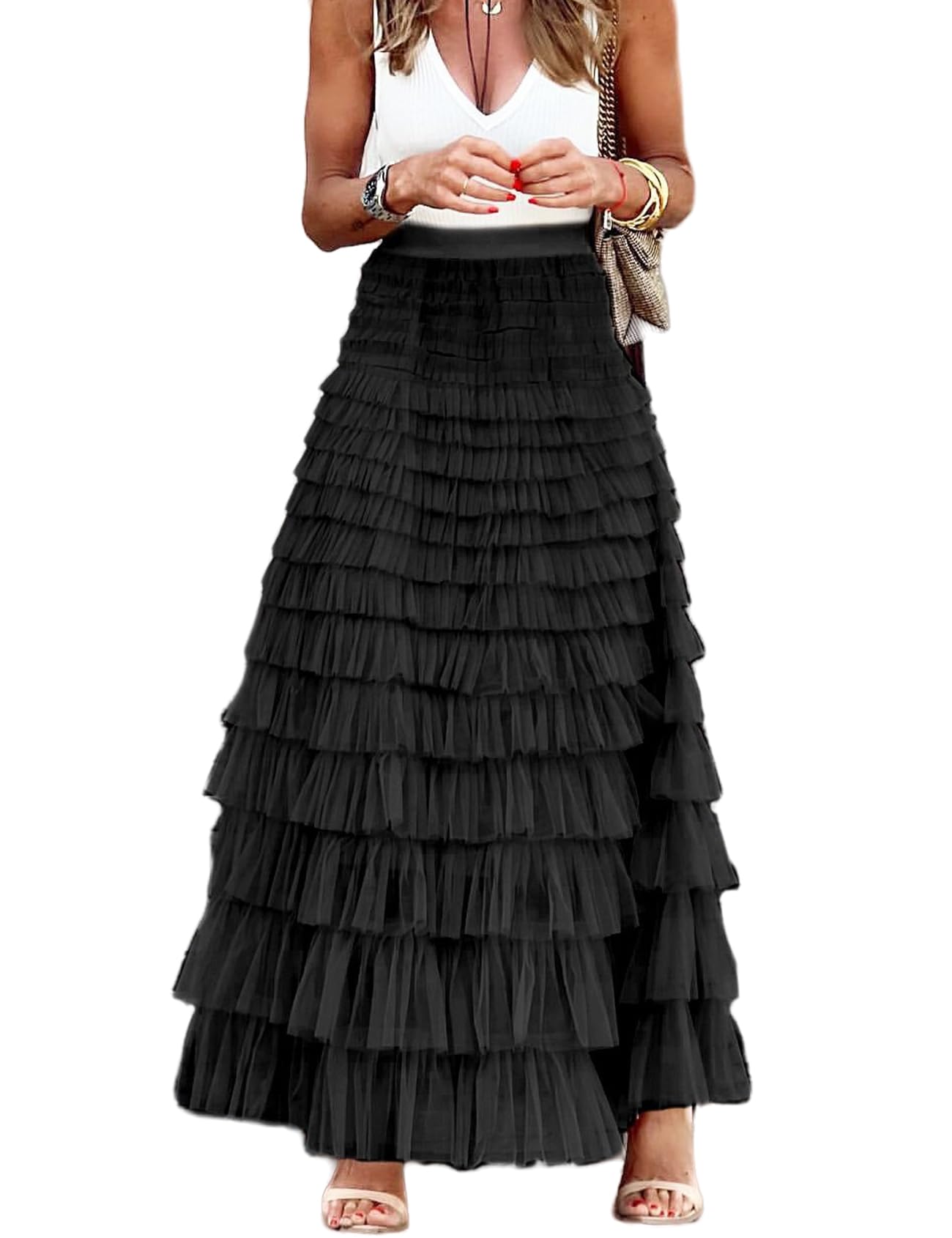 Perbai Womens Long Maxi Tiered Tulle Skirt High Waisted A Line Layered ...