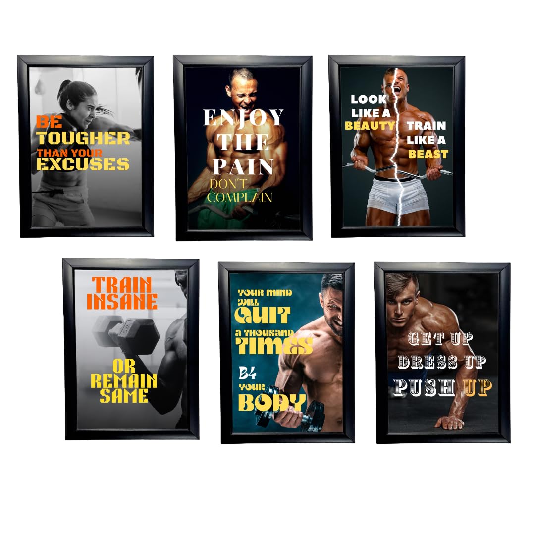DecoBar Gym & Fitness Motivation Framed Posters | Set of 6 A4 Size ...