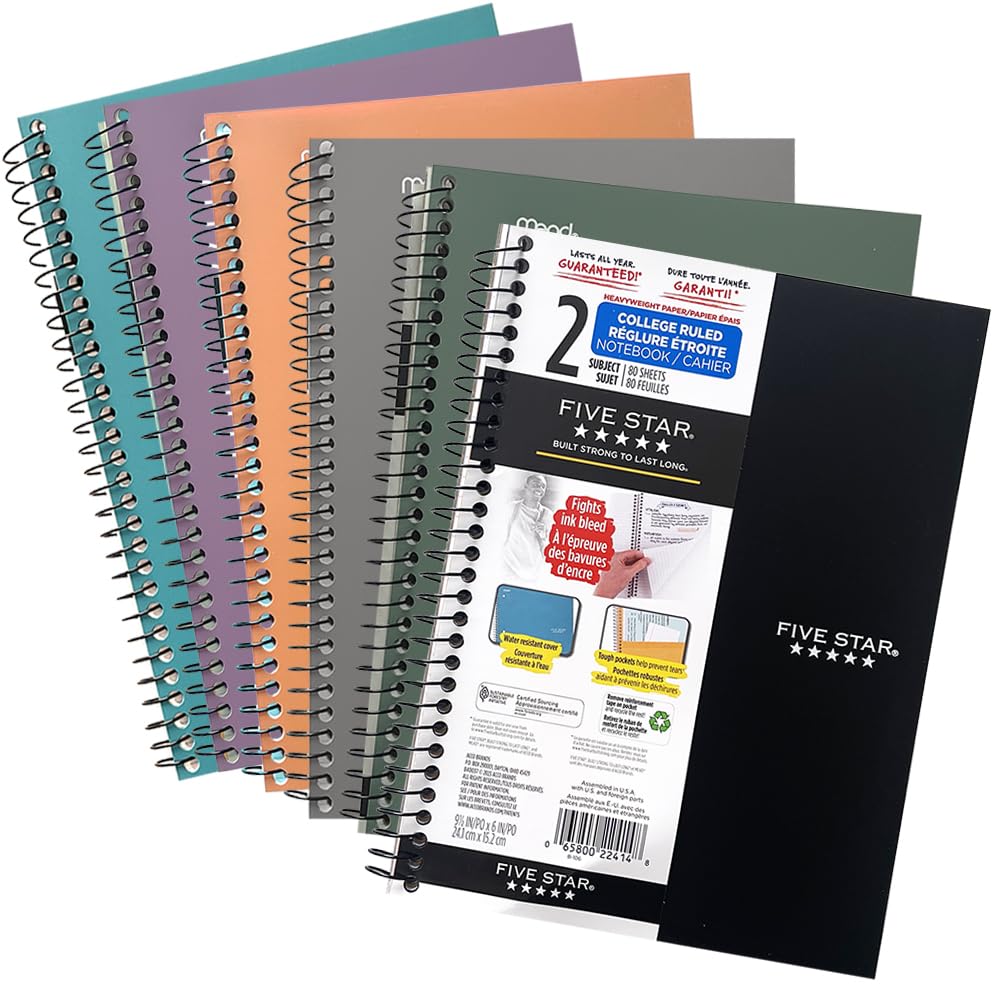 Five Star 2-Subject Premium Spiral Notebook, 6" x 9.5" Sheet Size ...