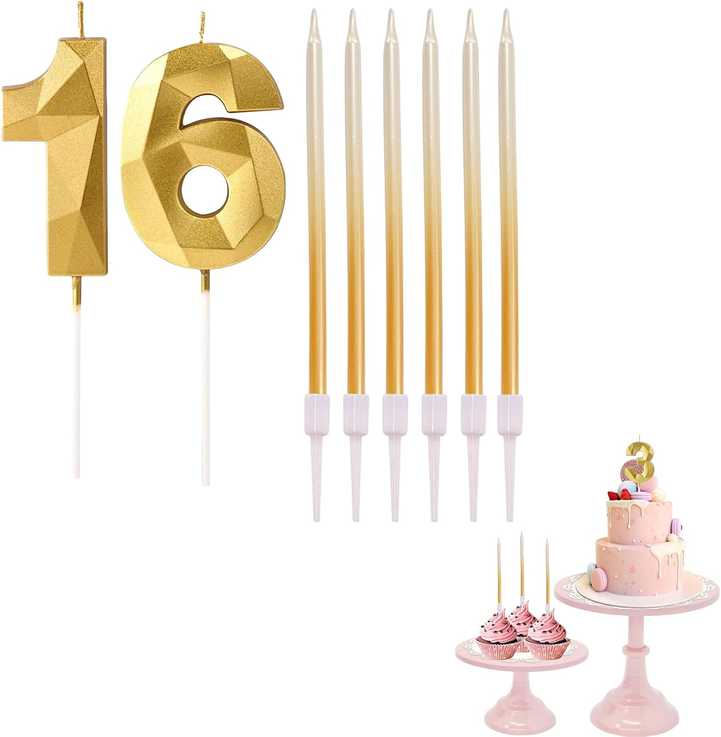 16th Birthday Candles Gold Number 16 Candles for Birthday Cake with ...