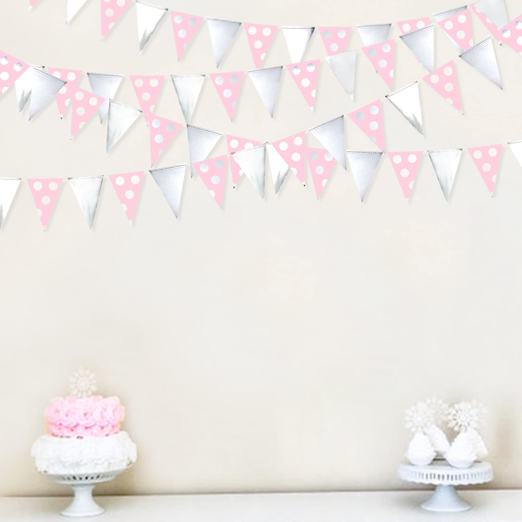Snapklik.com : 30 Ft Silver Pink Polka Dot Pennant Banner Blush Paper ...