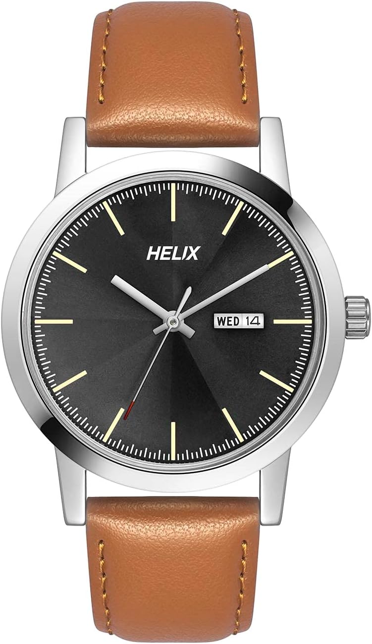Helix by Timex Analog Watch for Man with Black Round Dial & Tan Leather ...