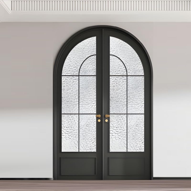 Modern Arched Double Door Set, Black Aluminum Frame with Glass Panels ...