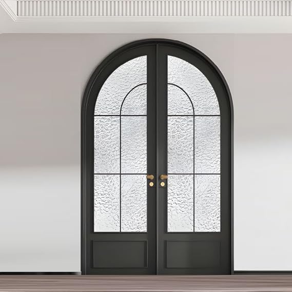 Modern Arched Double Door Set, Black Aluminum Frame with Glass Panels ...