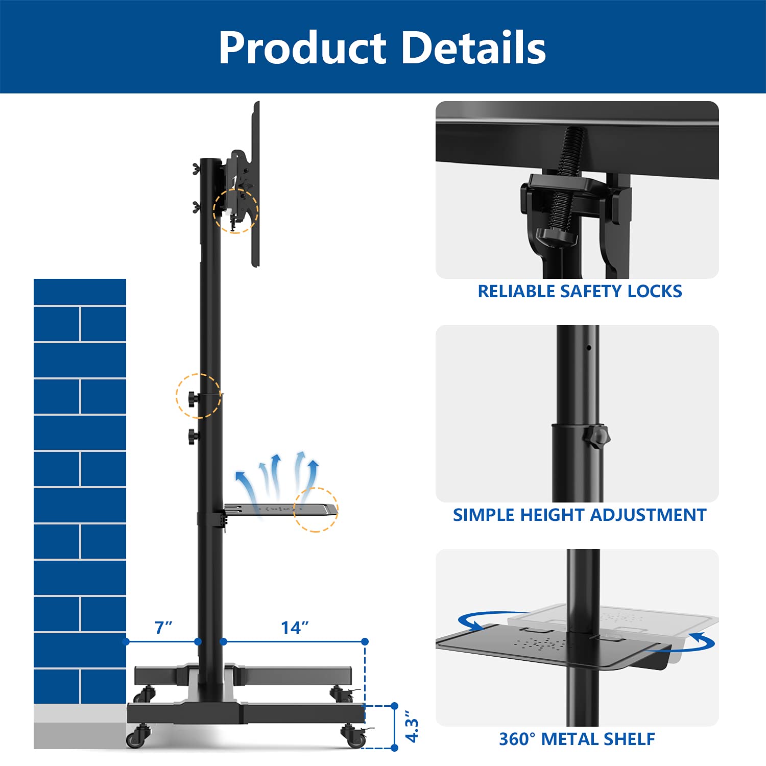 Rfiver Mobile tv cart Rolling tv Stand for 32-70 inch Flat Curved ...