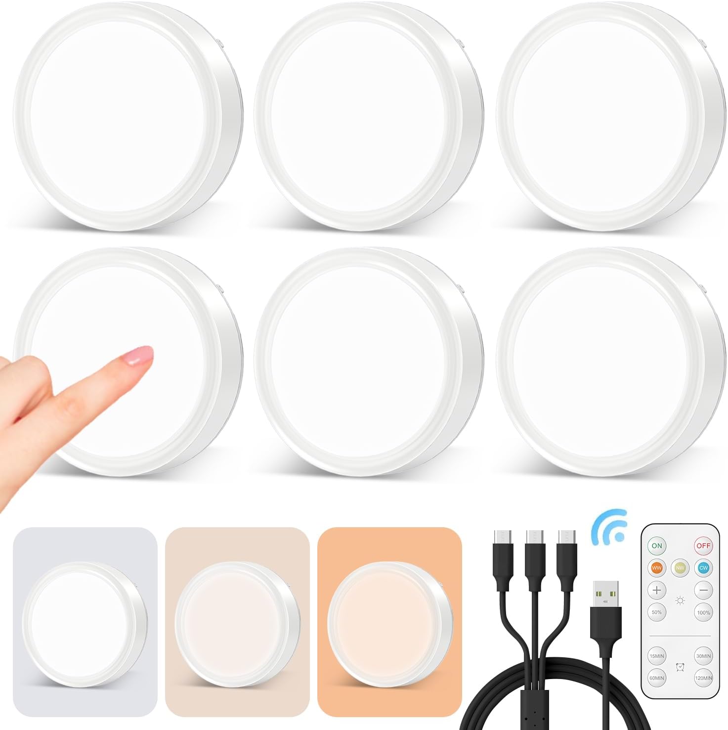 Rechargeable LED Puck Lights with Remote Control, 1600mAh Battery Push ...