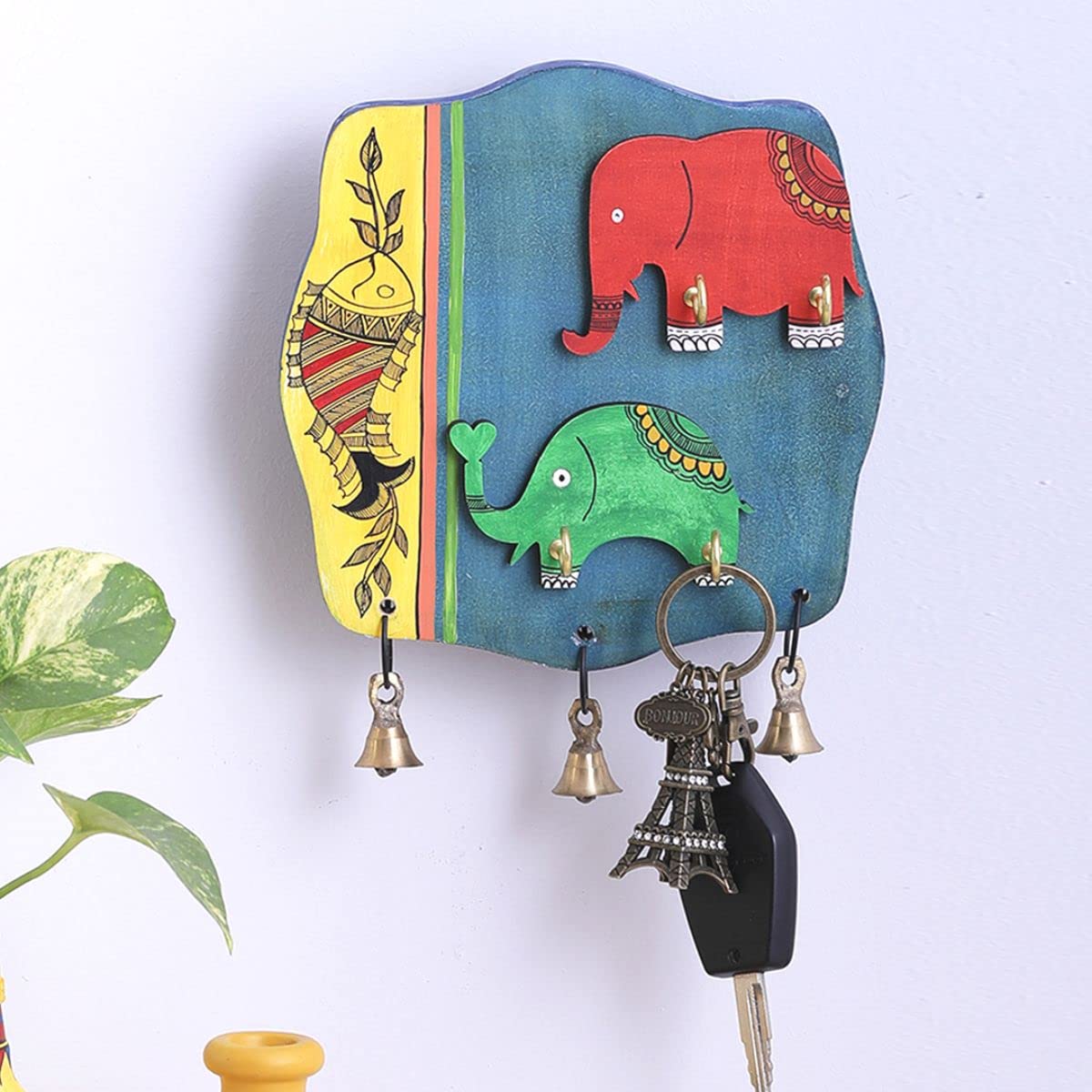 VarEesha Hand Painted Multicolored Elephant Key Holder with Four Hooks ...