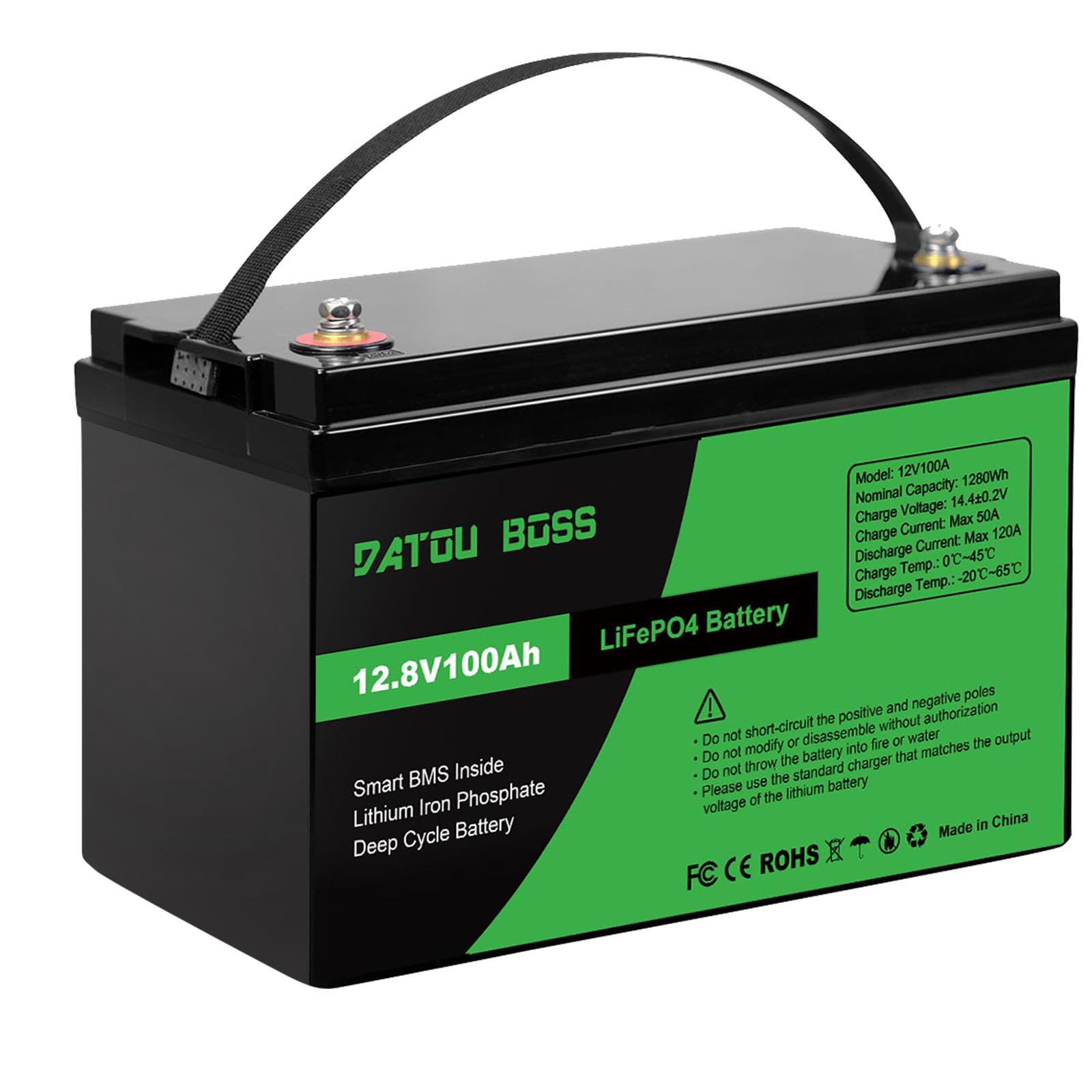 DATOUBOSS 12V 100Ah LiFePO4 Lithium Battery, 1280Wh Output Power,Built ...