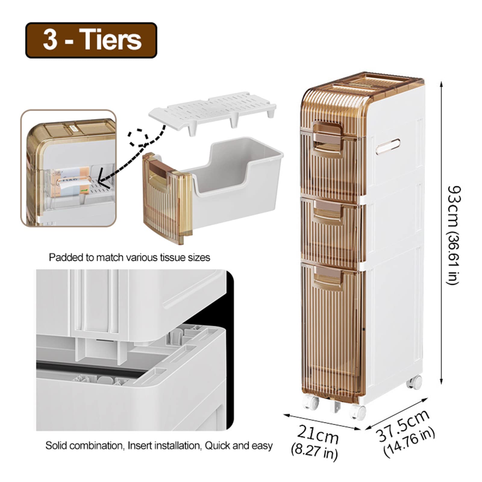 WEAFIEO 3-Tiers Narrow Bathroom Storage Cabinet Slim Floor Freestanding ...