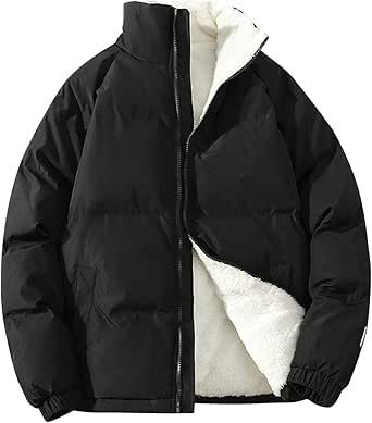 Mens Puffer Jacket Stand Collar Sherpa Lined Down Jacket Padded Quilted ...