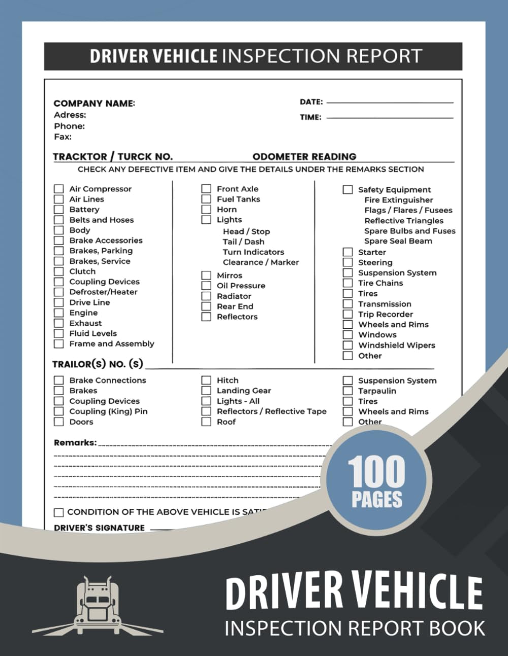Driver Vehicle Inspection Report Book: Detailed Driver Vehicle ...