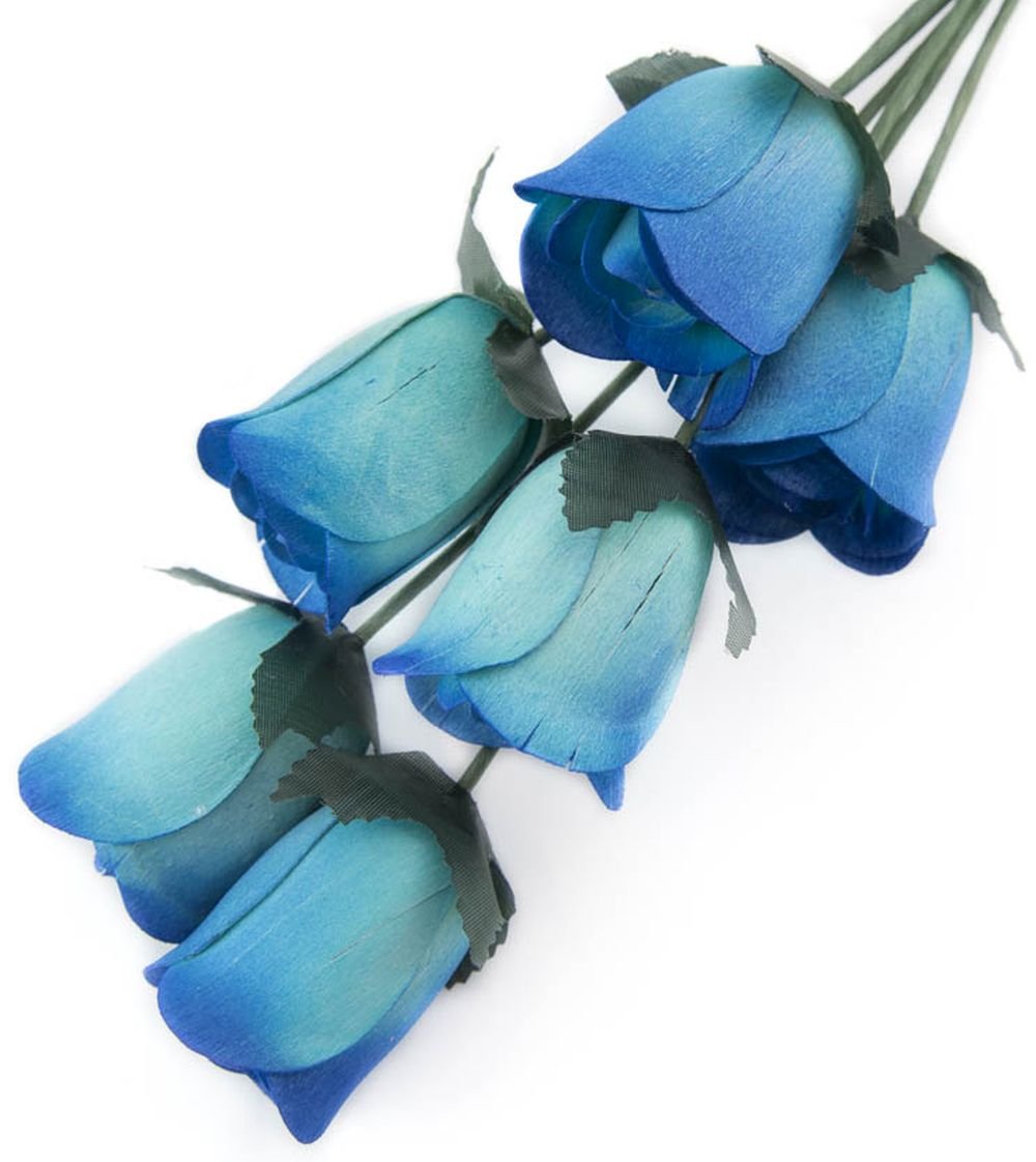 Amazon.com: 6 Blue Roses with Dark Blue Tips Half Open Bud Wooden Roses ...