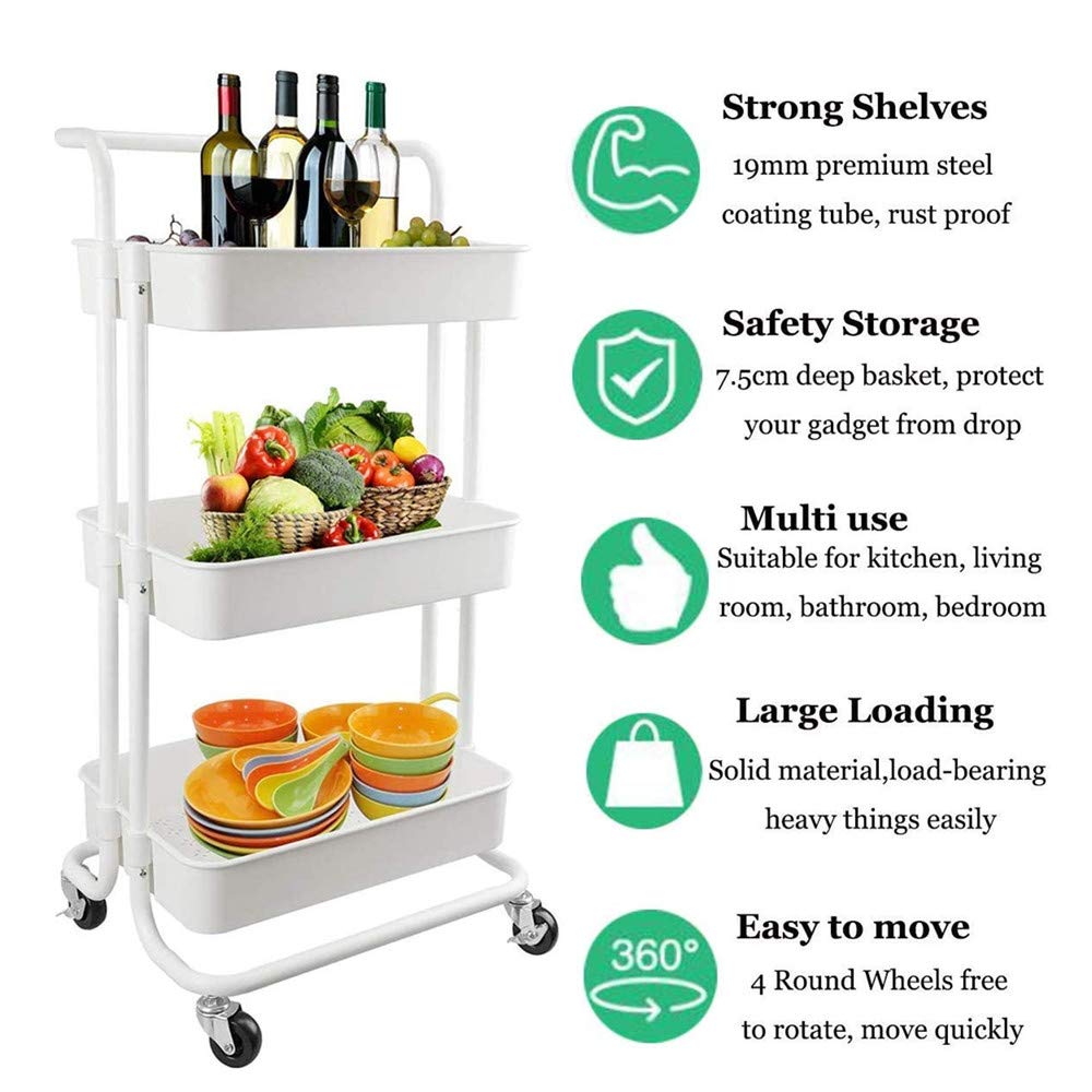 Buy Storage Trolley Cart -U-HOOME 3 Tier Metal Rolling Utility ...