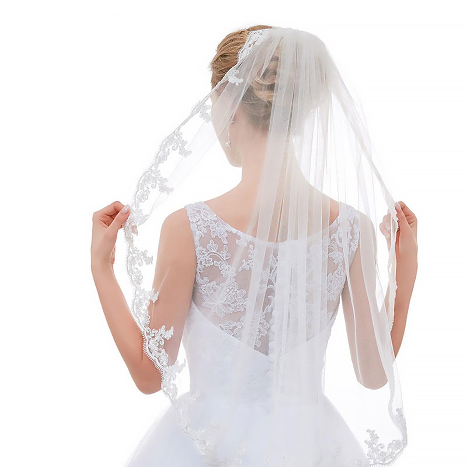 YAEISM Lace Wedding Veil White Cathedral Veil 1 tier Tulle Floral Lace ...