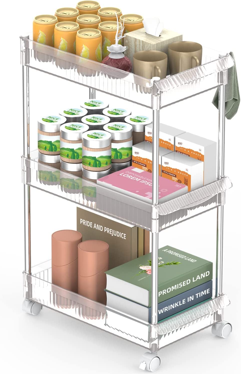 3 Tier Acrylic Rolling Carts With Wheels Multipurpose Clear Slim ...