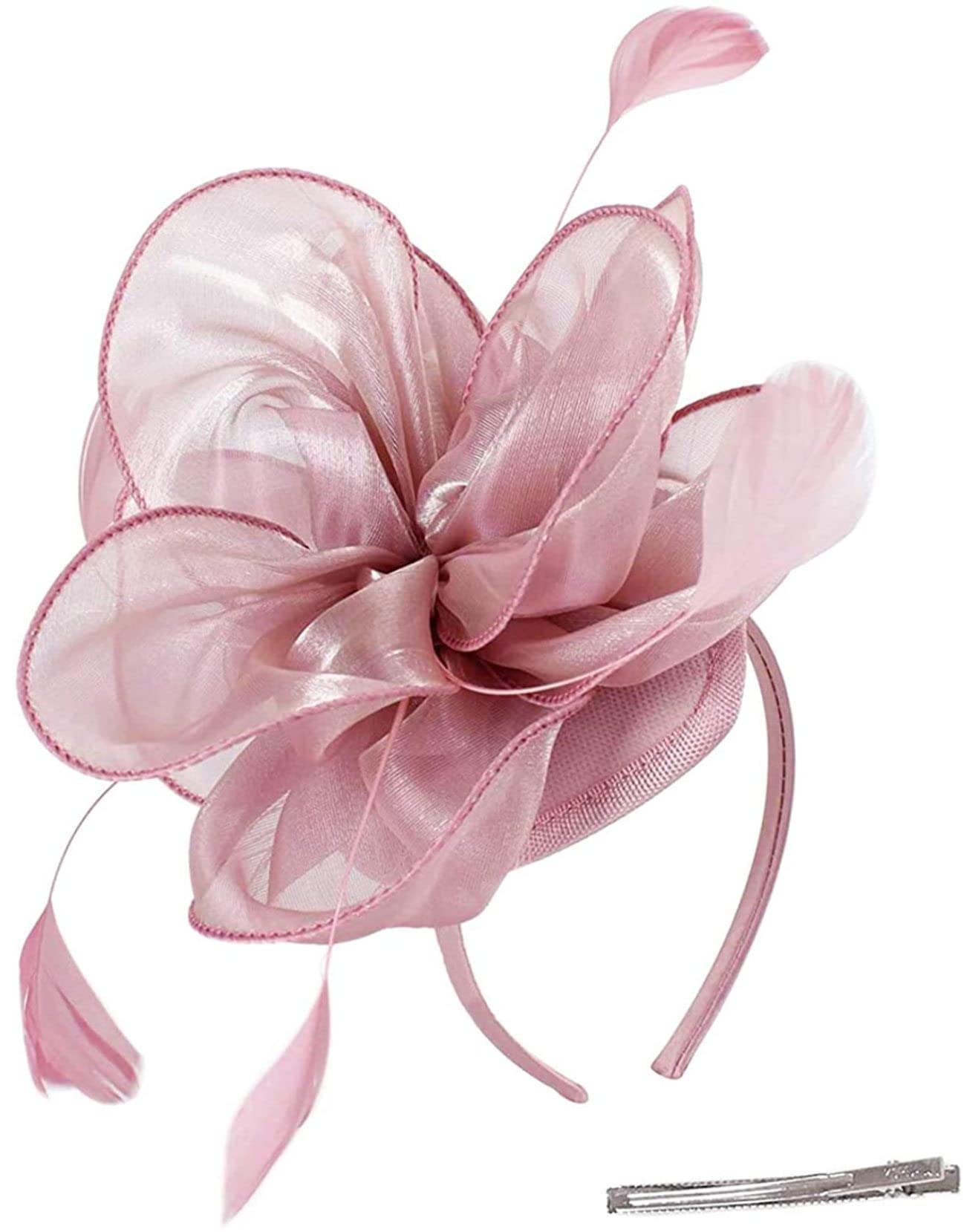 Pale Pink Fascinator with Headband Clip Mesh Flower Feather Headband ...