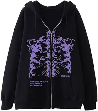 Aobiono Men Women Y2K Skeleton Zip Up Hoodie Emo Gothic Oversized Grunge Alt Jacket Vintage ...