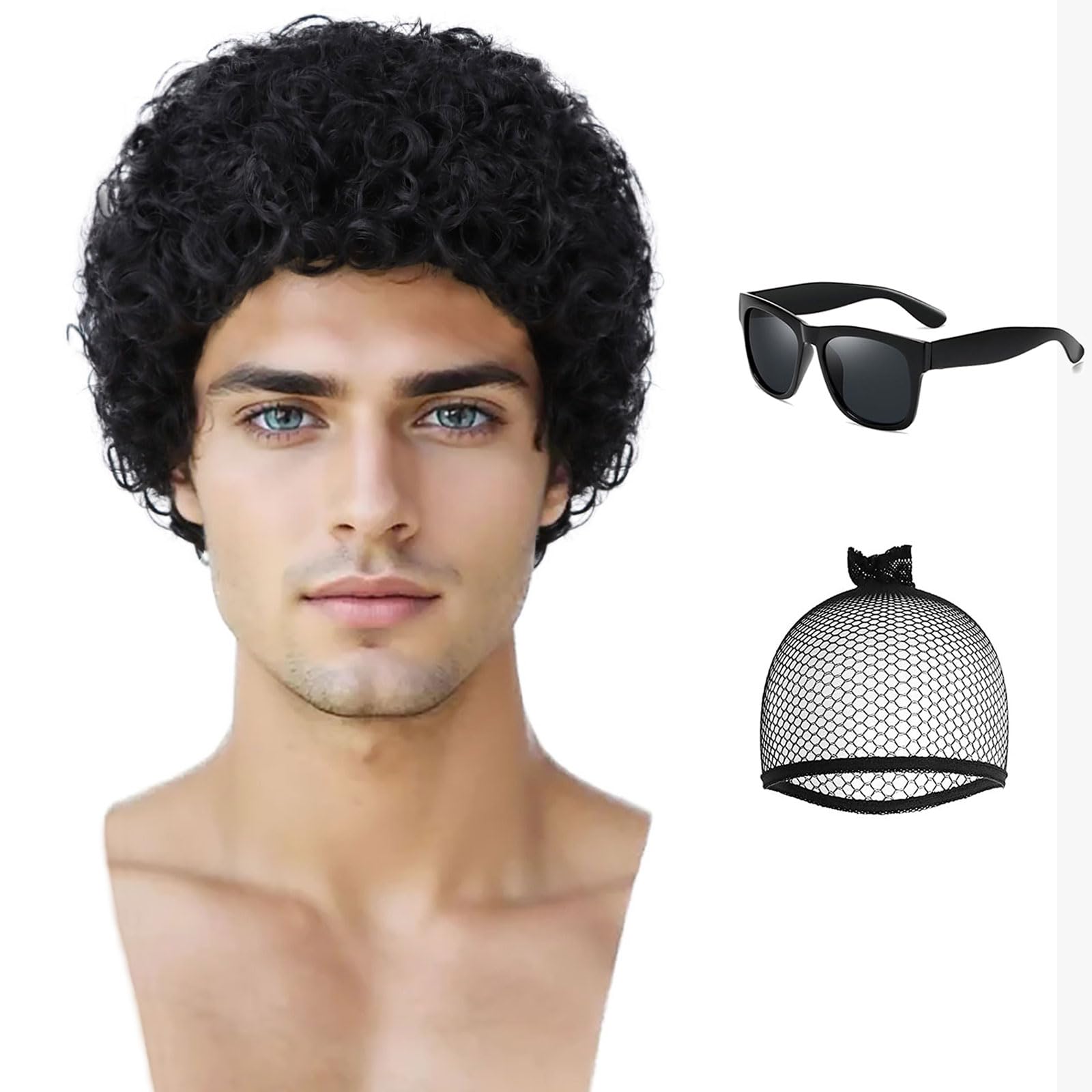 Amazon.com: Tereshar Mens Short Curly Hair Wig + Glasses for Male 70s ...