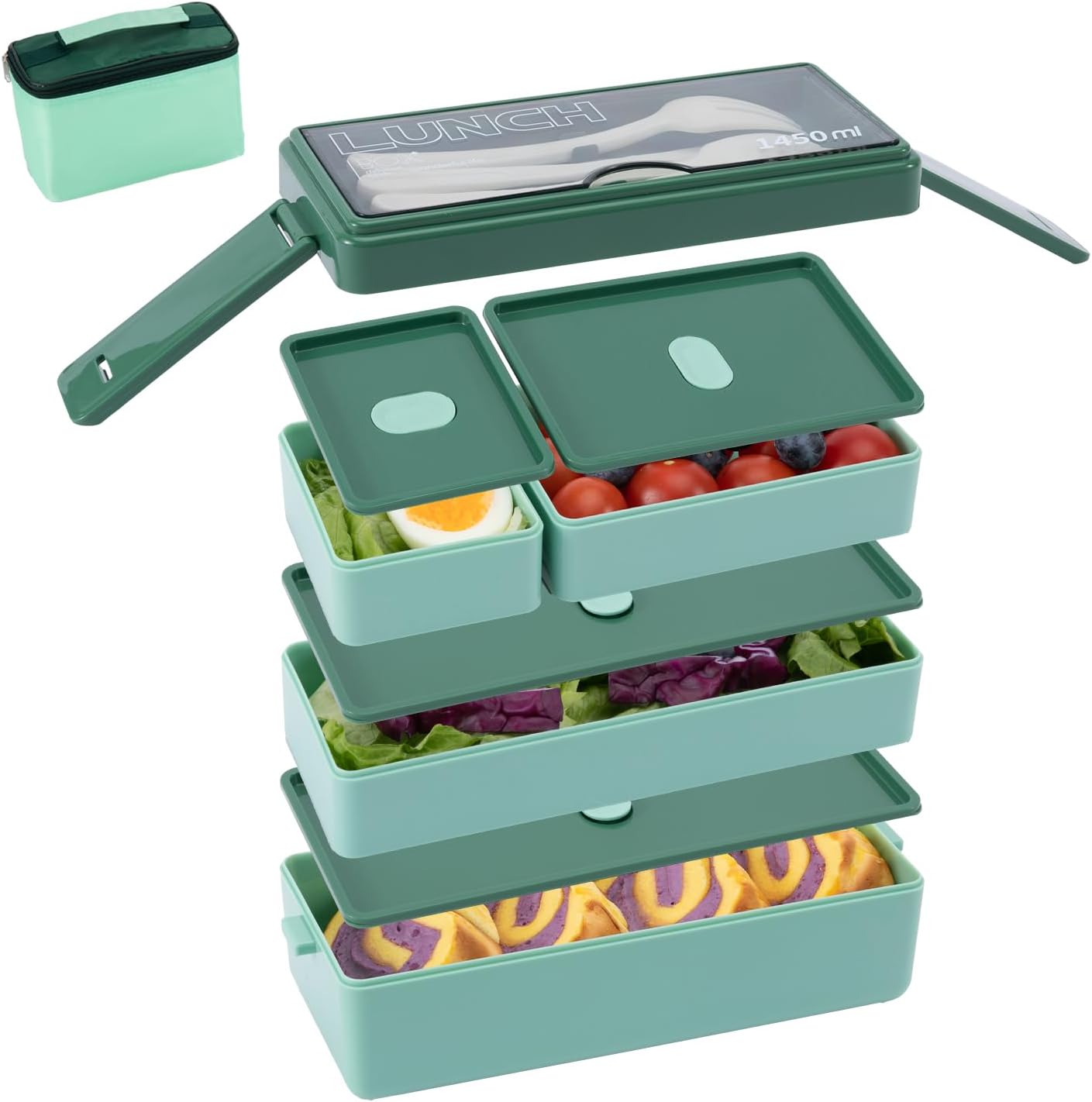 Yirochan 1500ml Bento Box with Bag - 3 Layer Lunch Box with Cutlery Set ...