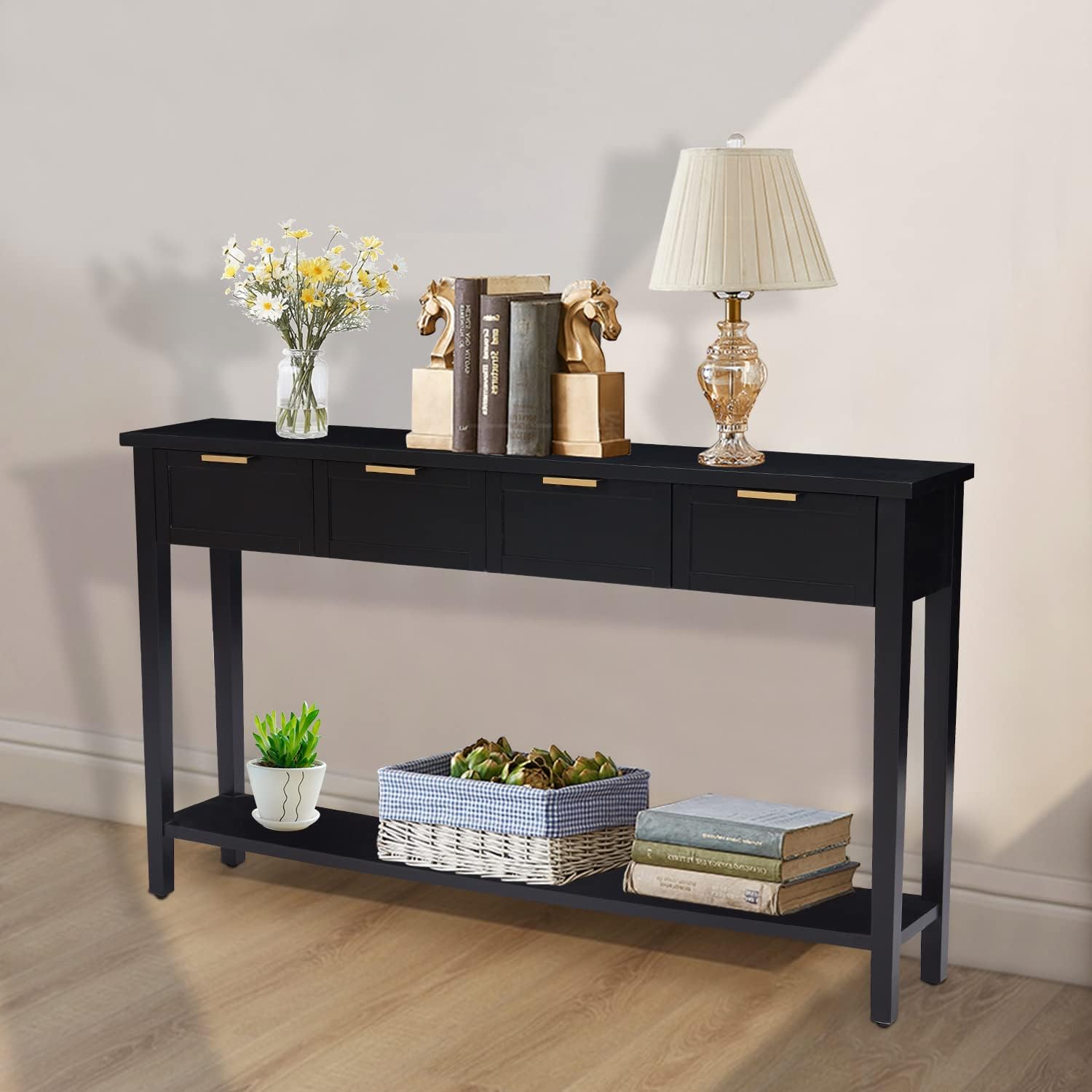 Amazon.com: KINTNESS 60” Long Black Console Table with 4 Drawers, 2 ...
