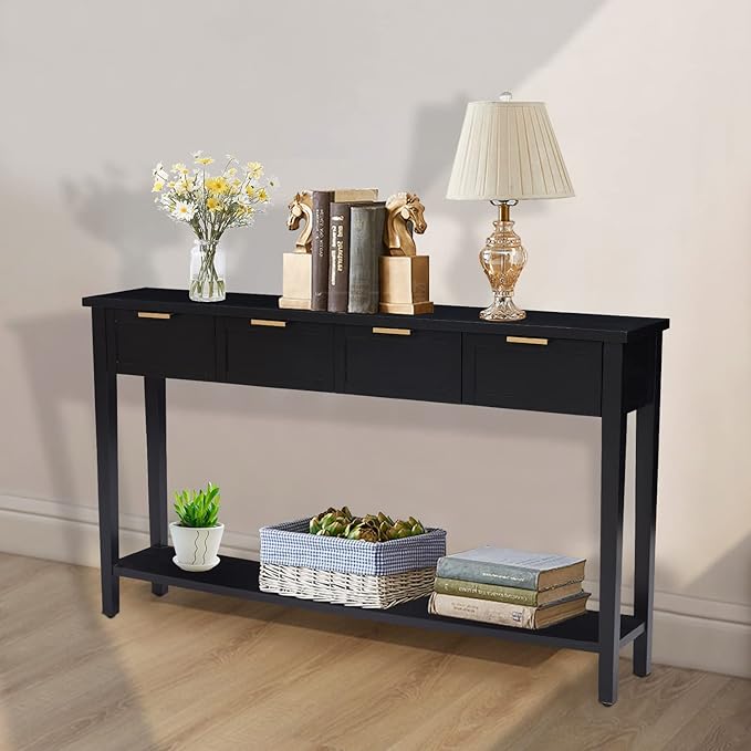 Amazon.com: KINTNESS 60” Long Black Console Table with 4 Drawers, 2 ...