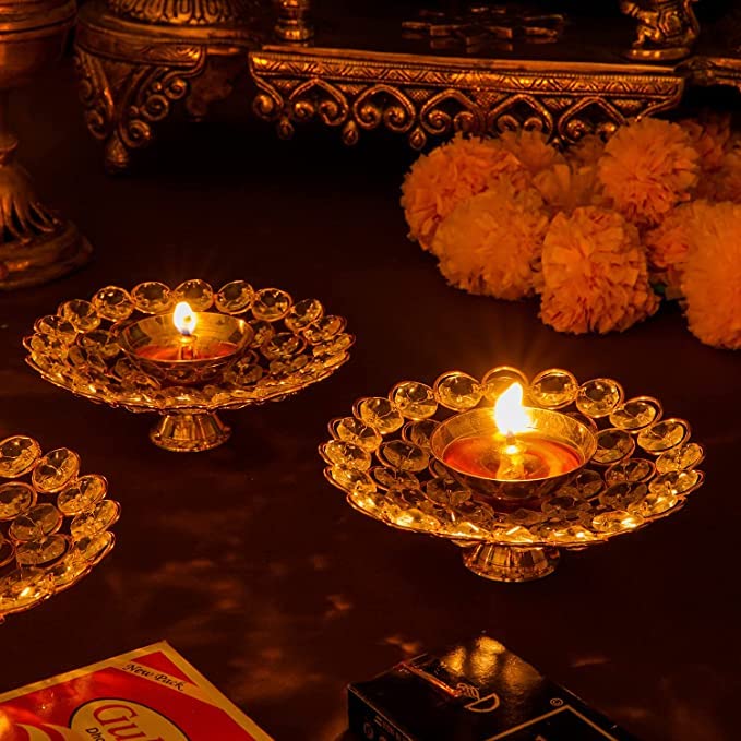 Buy laddugopal24x7 Metal Small Crystal Diya for Pooja Home Diwali ...