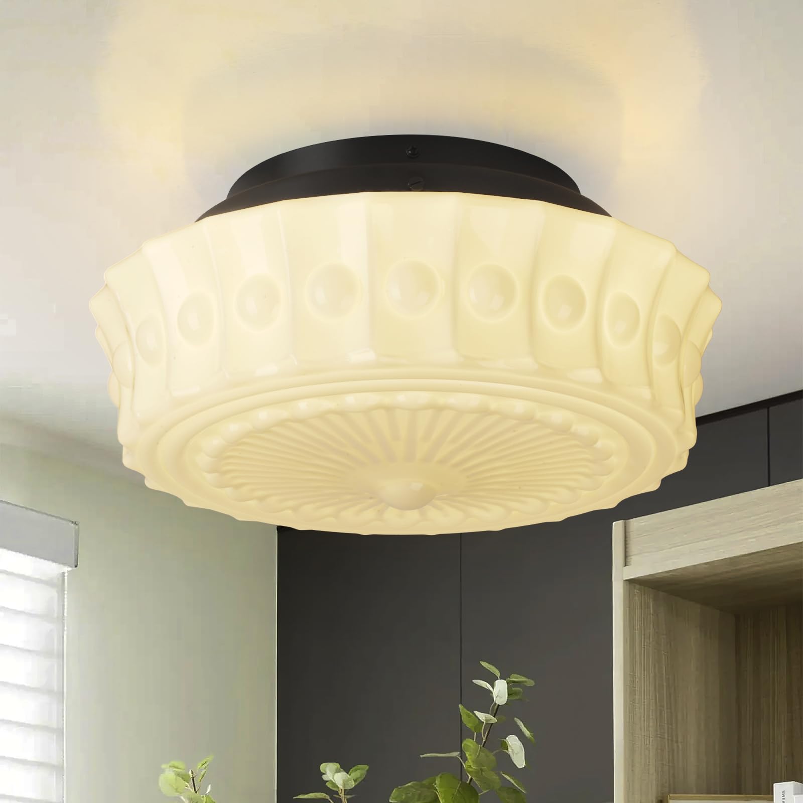 CLARSYNE White Milk Glass Ceiling Light Fixture, 13.8'' Flush Mount ...