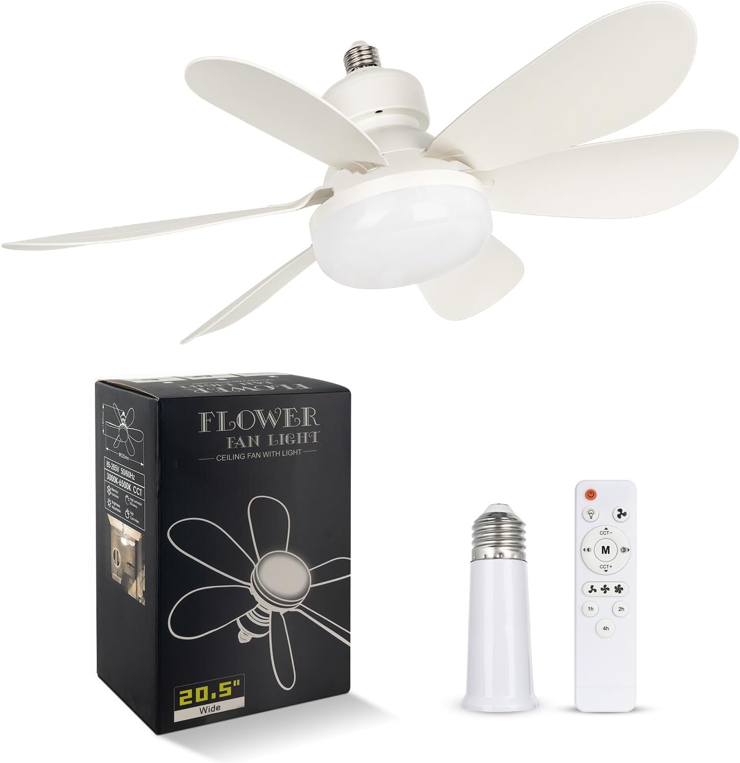 Socket Fan Light -20.5"/52cm Ceiling Fan with Light and Remote, E27 ...