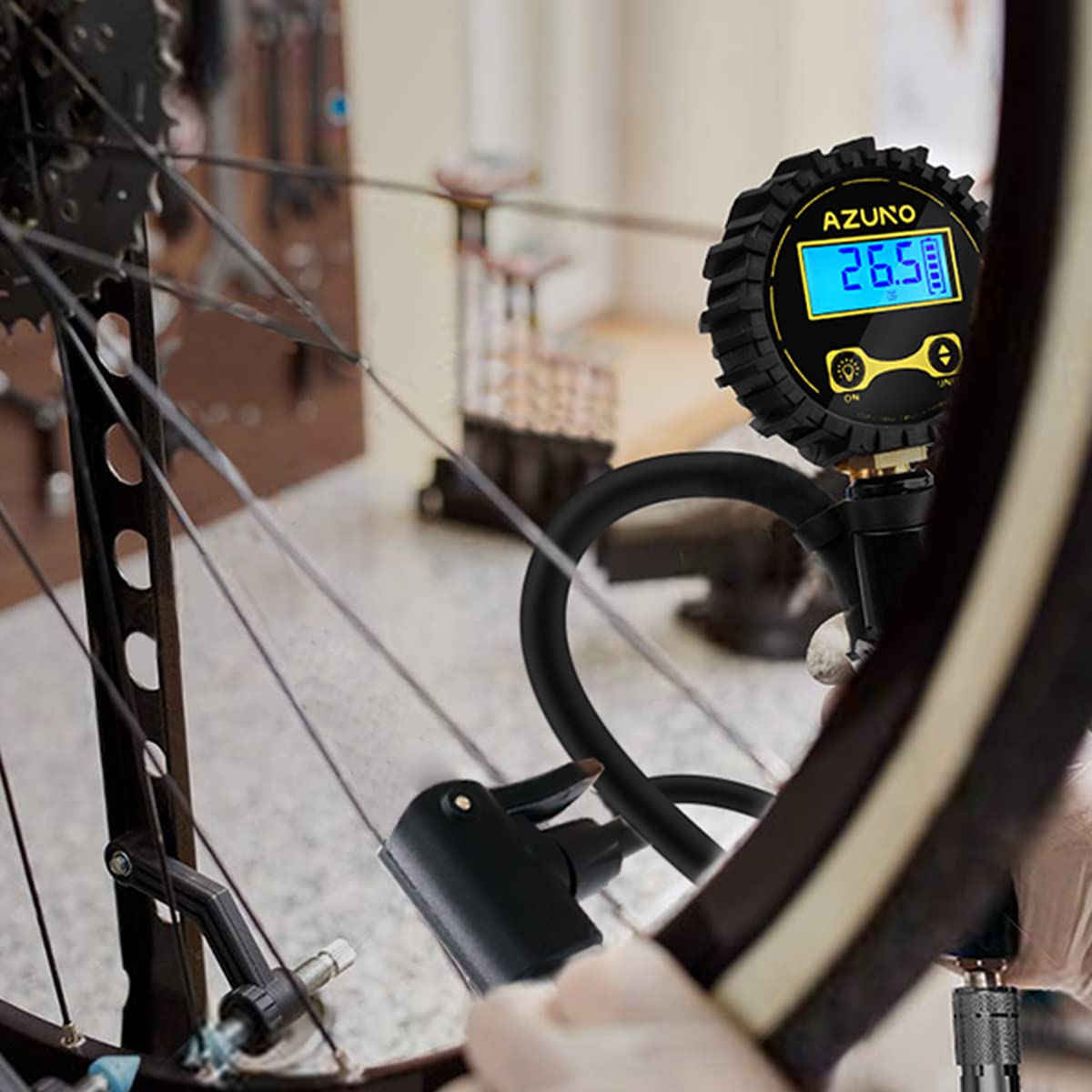 AZUNO Bike Tire Inflator with Pressure Gauge - Easiest use with Both ...
