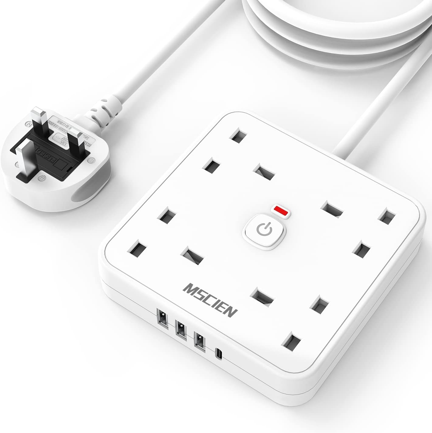 3M 4 Way Extension Lead with 4 USB Slots (1 USB-C + 3 USB-A), Mscien ...