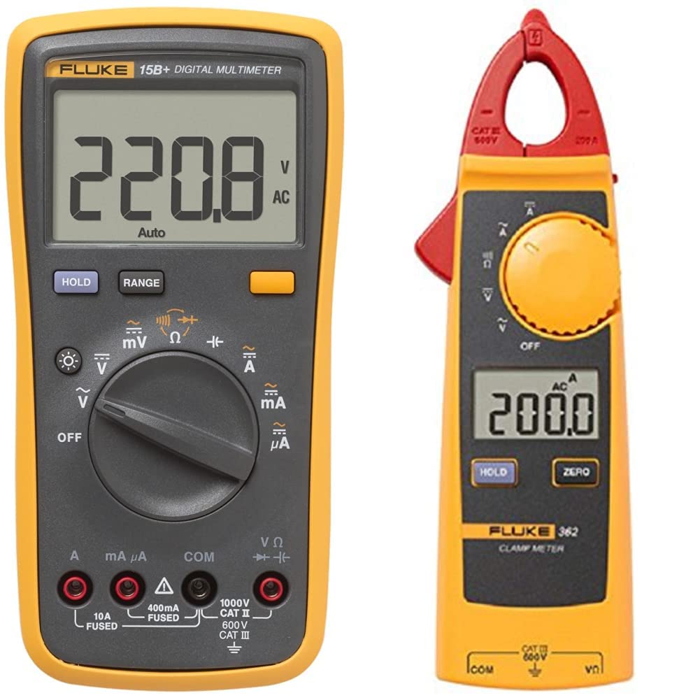 Fluke 15B+ Digital Multimeter with 362, 200A AC/DC Clamp Meter Combo ...