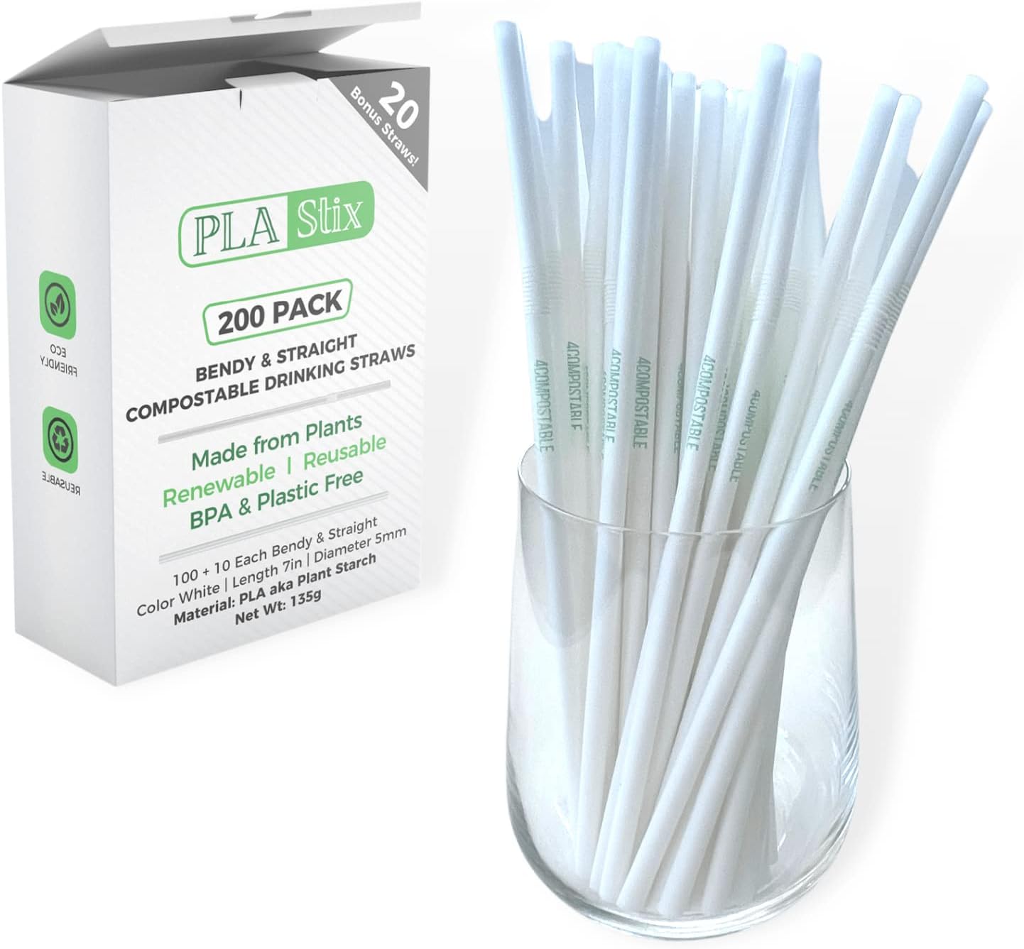 Amazon.com: PLA Stix Compostable Drinking Straws - 200 [+20] White ...