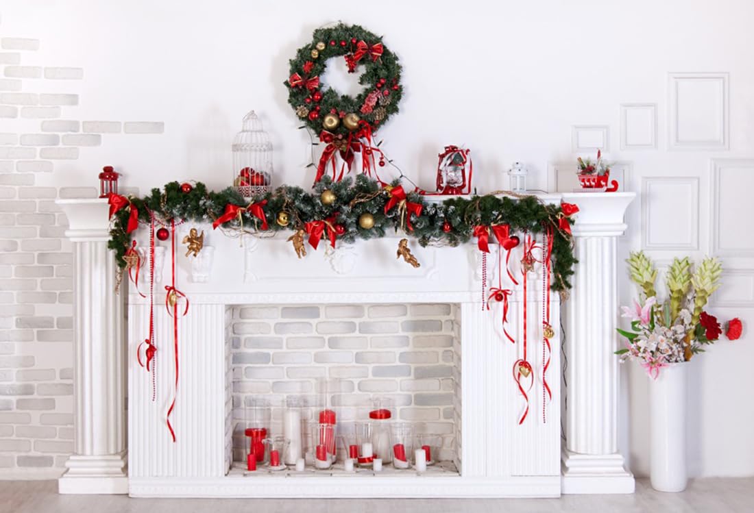 Amazon.com : AOFOTO 10x8ft White Christmas Fireplace Backdrop White and ...