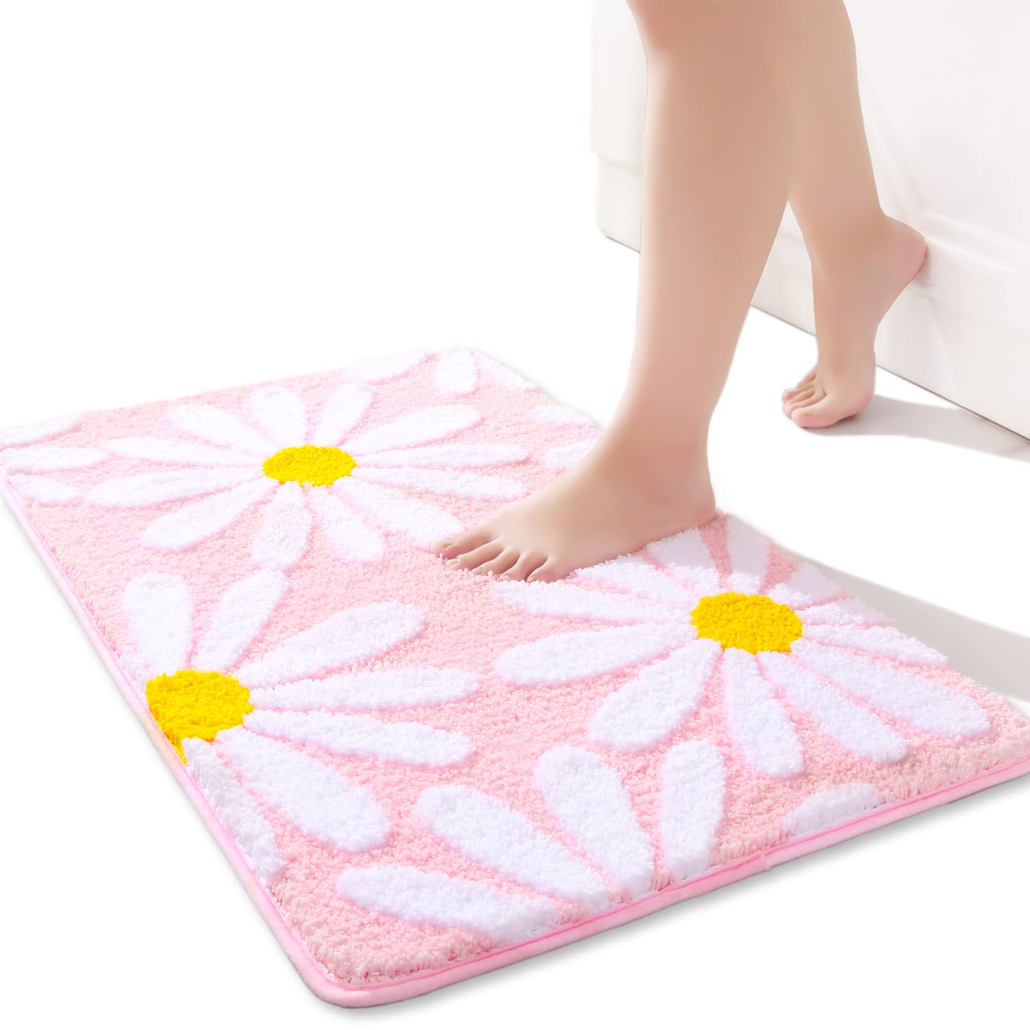 QJHOMO Pink Bathroom Rugs Cute Daisy Bath Mat White and Yellow Flower ...