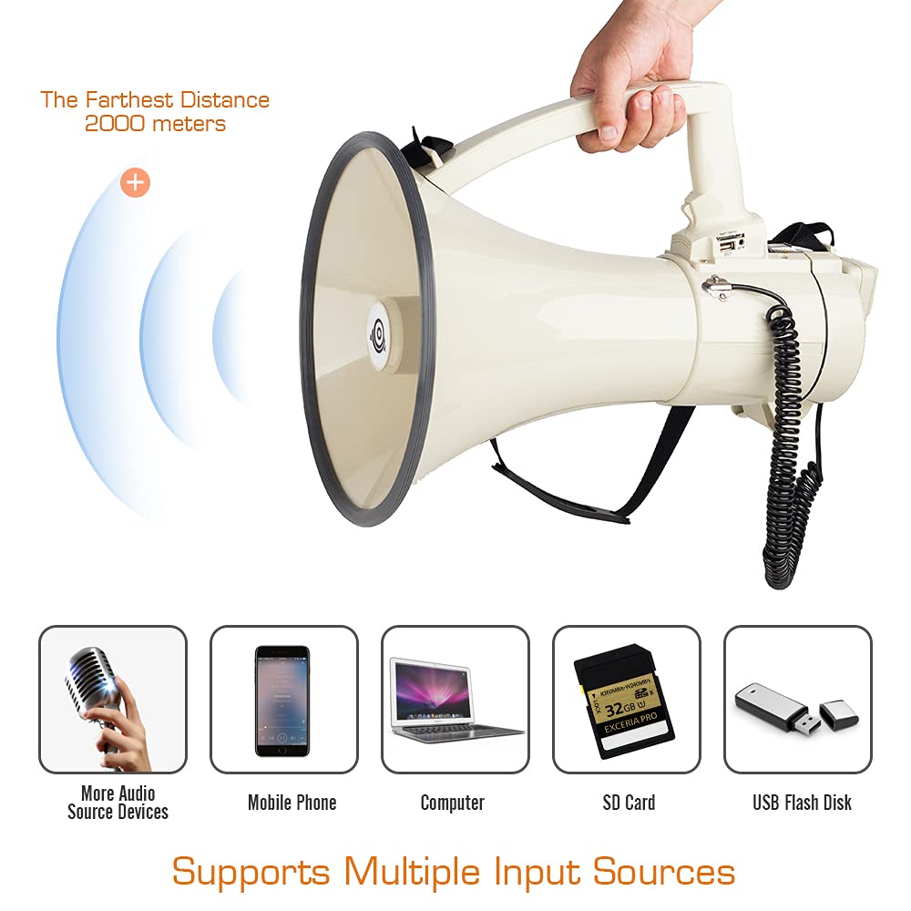 75W Loud Megaphone with Siren, Recording, Rechargeable Battery, USB ...