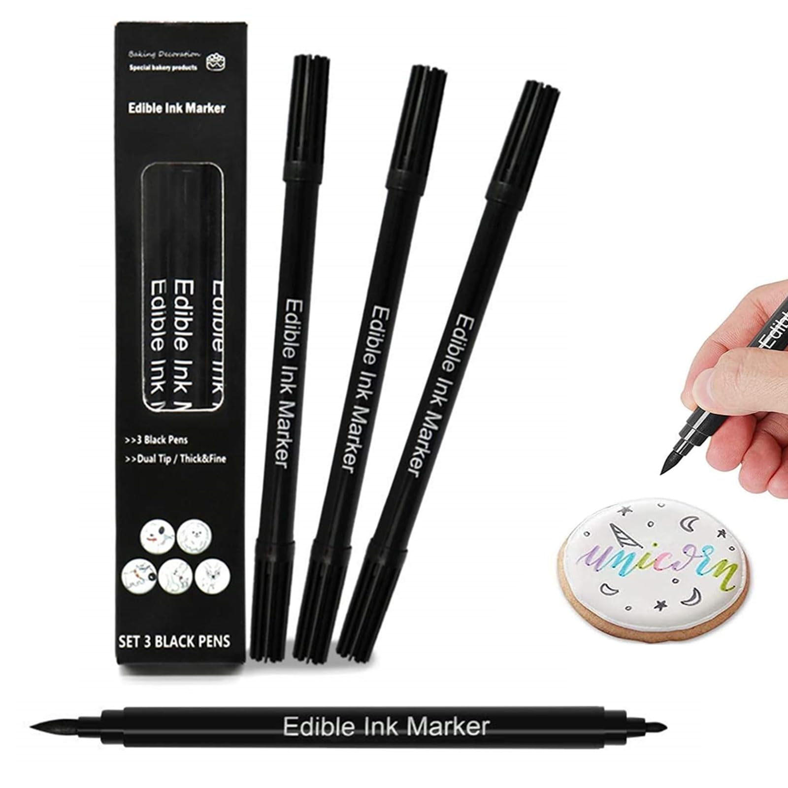 FANWINKJ 3pcs Black Edible Markers,Dual-ended Fondant Decorating Pen ...