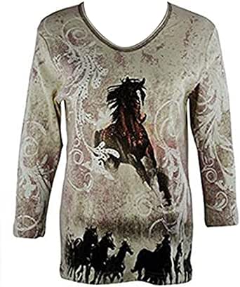 Cactus Bay Apparel - Running Horses, Rhinestone Highlighted, 3/4 Sleeve ...