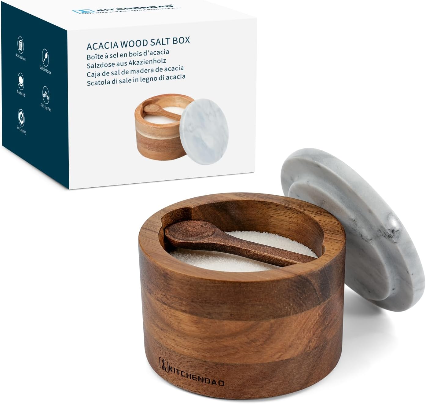 KITCHENDAO Acacia Salt Cellar Box Bowl with Built-in Spoon and Marble ...