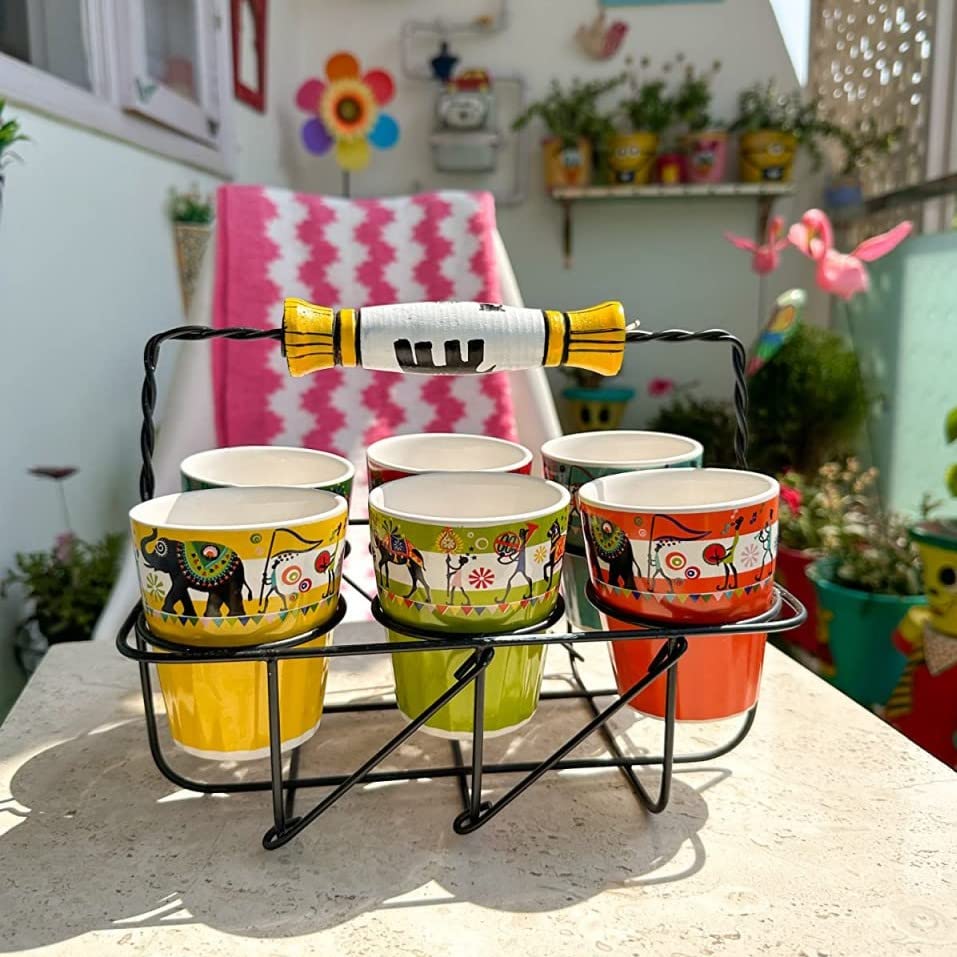 Homefrills Handpainted Multicolour Tapri Style Ceramic Tea Cups/Cutting ...