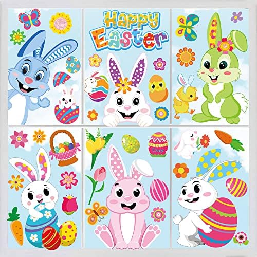 Amazon.com: AnyDesign 9 Sheet Easter Bunny Window Clings Cute Easter ...