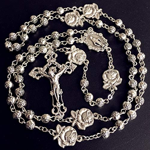 elegantmedical HANDMADE Silver rose beads Catholic 5 DECADE Rosary case ...