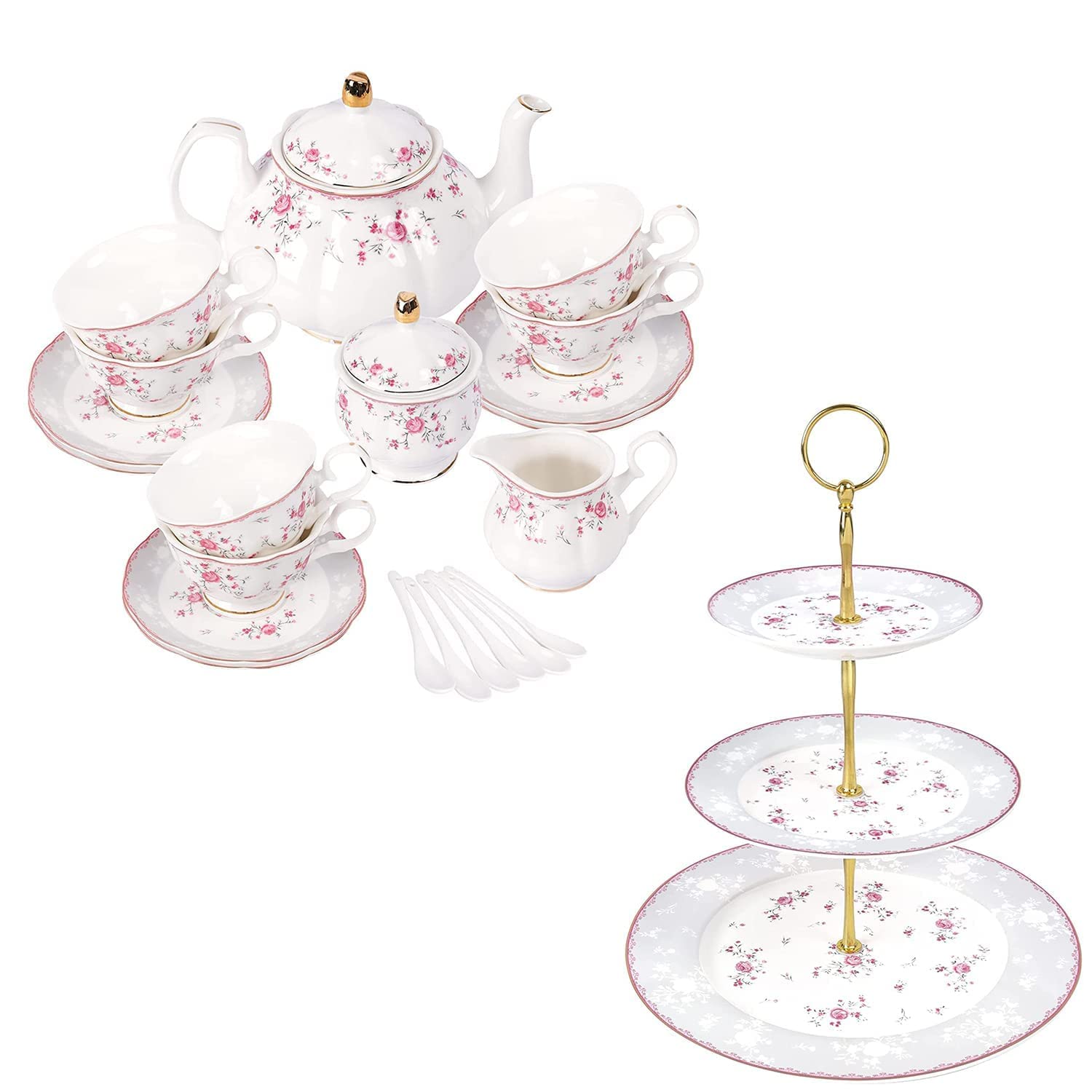 Amazon.com | fanquare Floral Porcelain Tea Set for 6, Pink Rose 3 Tier ...