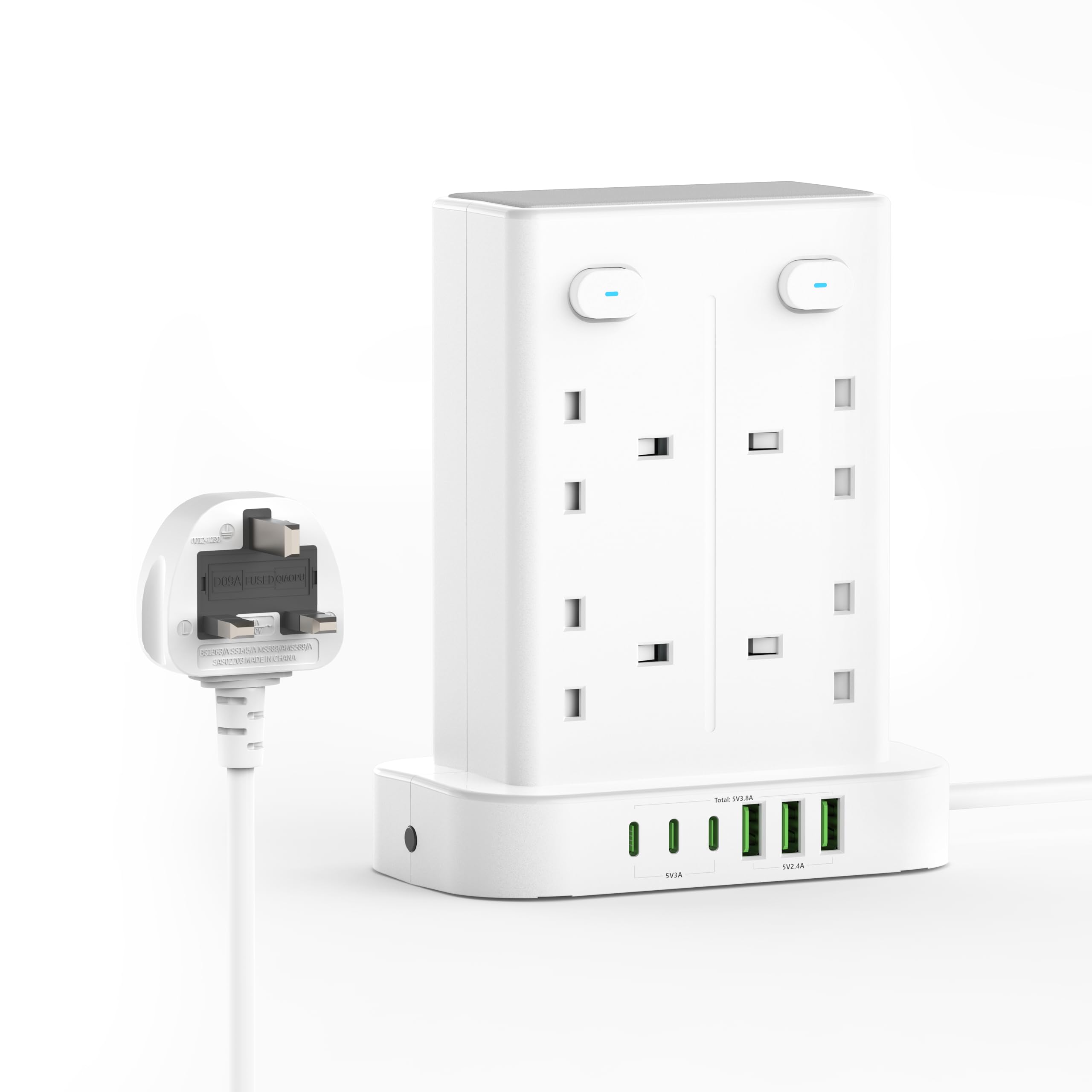 Tower Extension Lead with USB Slots, 8 Way Sockets(13A 3250W) Multi ...