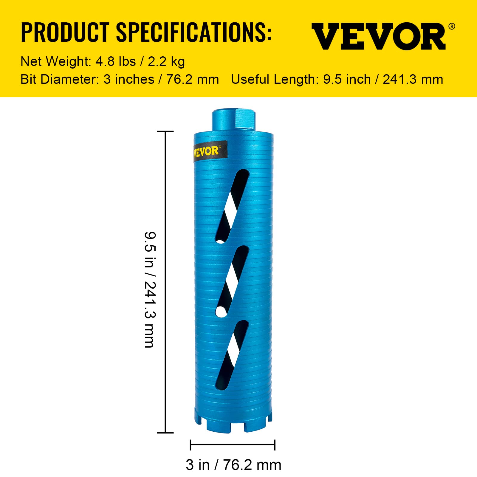 VEVOR Dry Core Drill Bit, 3" / 76.2mm Diameter 5/8"-11 Threaded, 9.5 ...