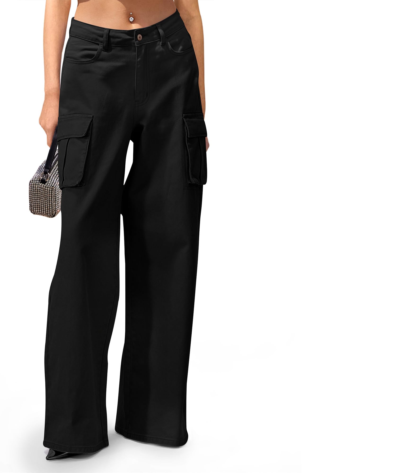Womens Cargo Jeans High Waisted Wide Leg Baggy Denim Cargo Pants Flap ...