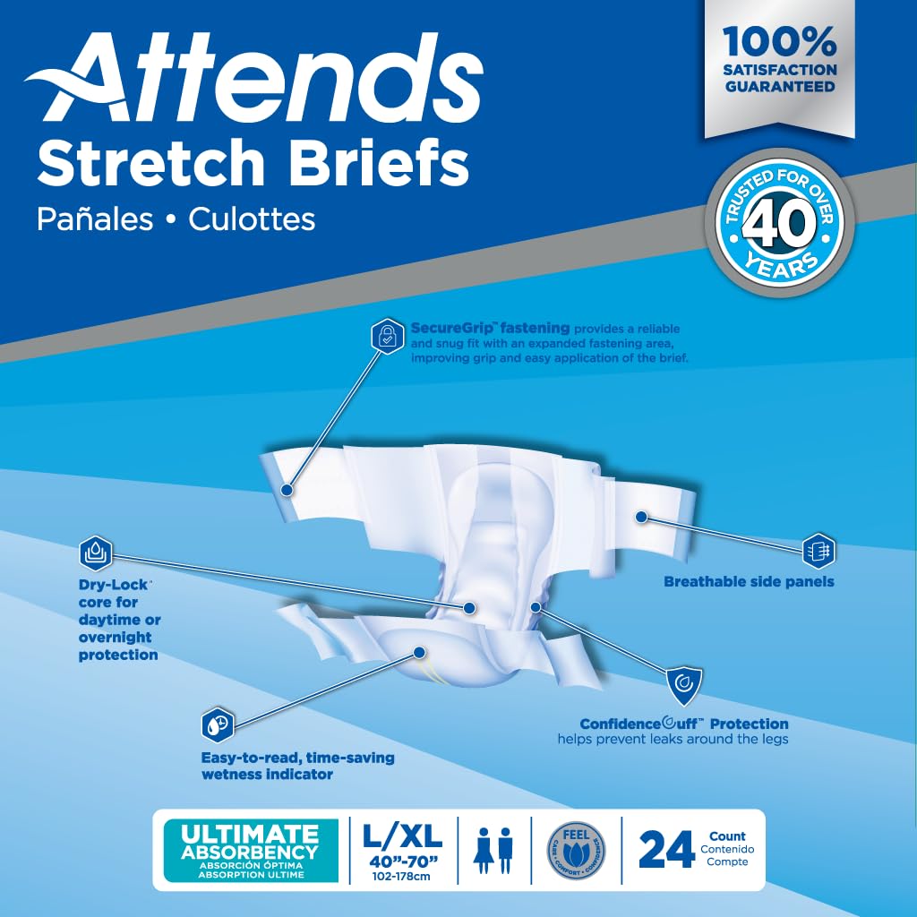 Attends Stretch Adult Incontinence Disposable Briefs, Large/X-Large, 40 ...