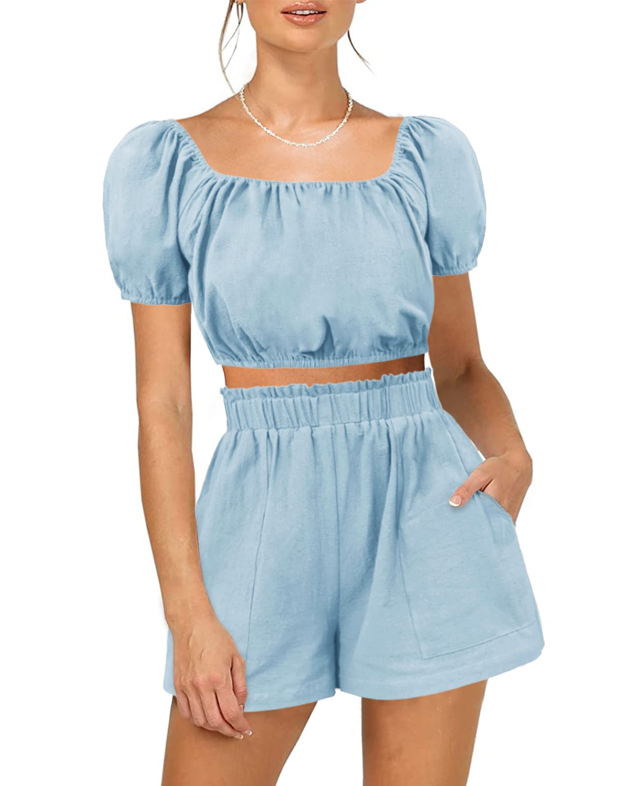 Tutorutor Womens 2 Piece Outfits Summer Short Sets Puff Short Sleeve ...