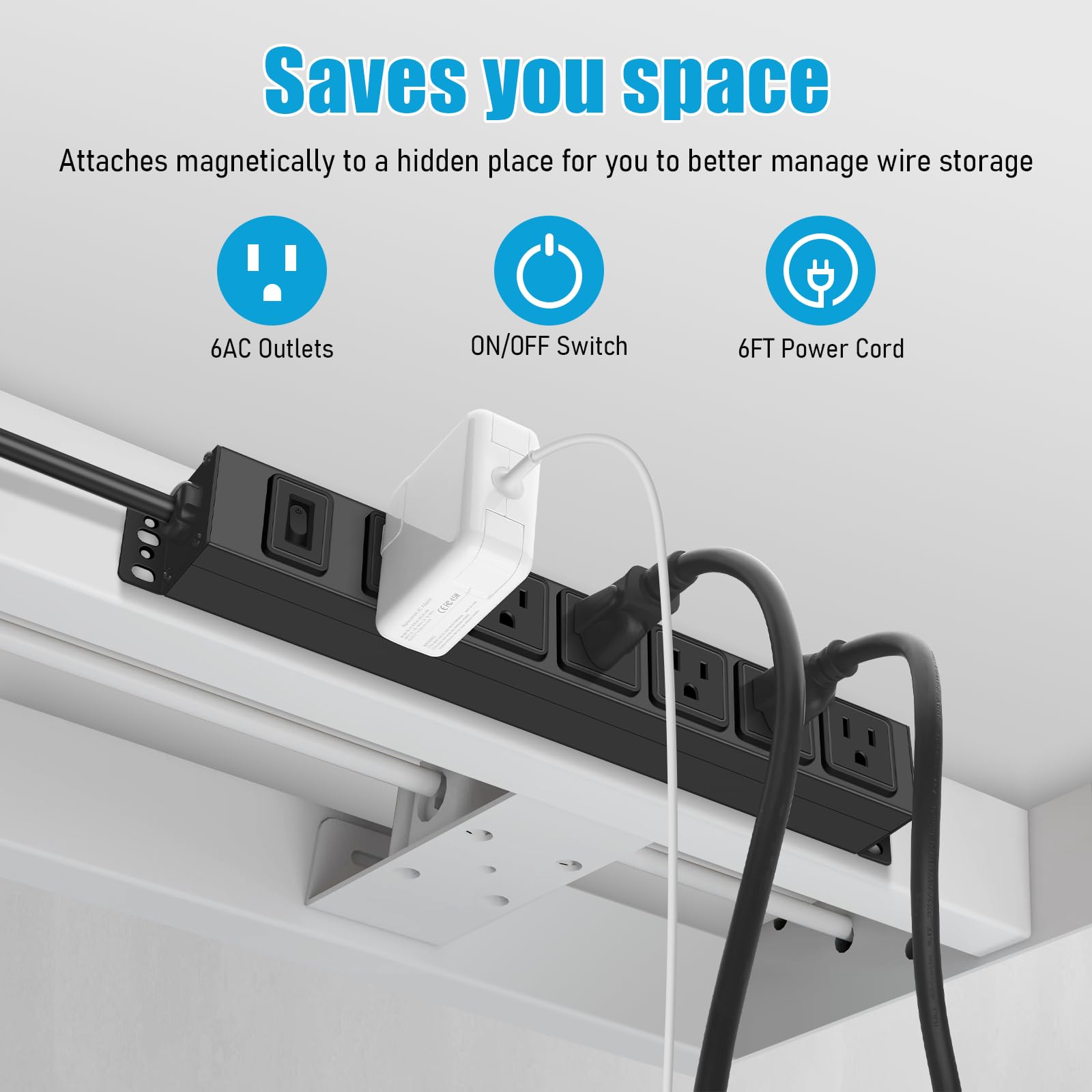 Snapklik.com : HHSOET Wall Mount Magnetic Power Strip, Under Desk 6 ...