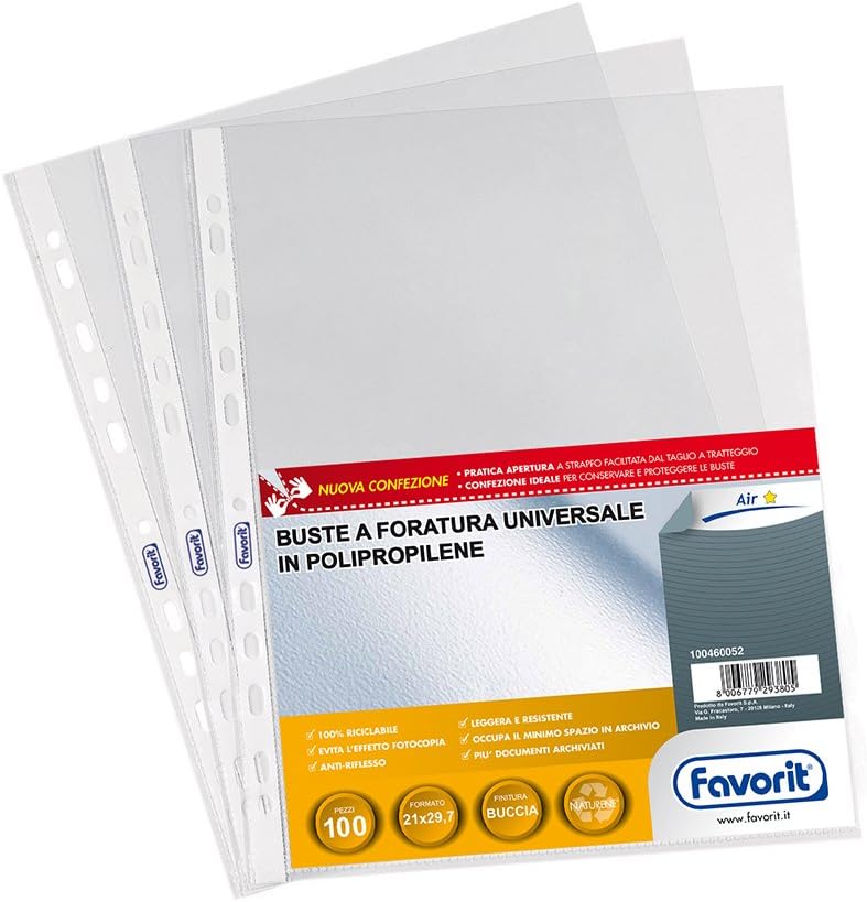 Favorit, Buste Perforate Trasparenti A4, 100 pezzi, Antiriflesso, Finitura Buccia d'Arancia ...
